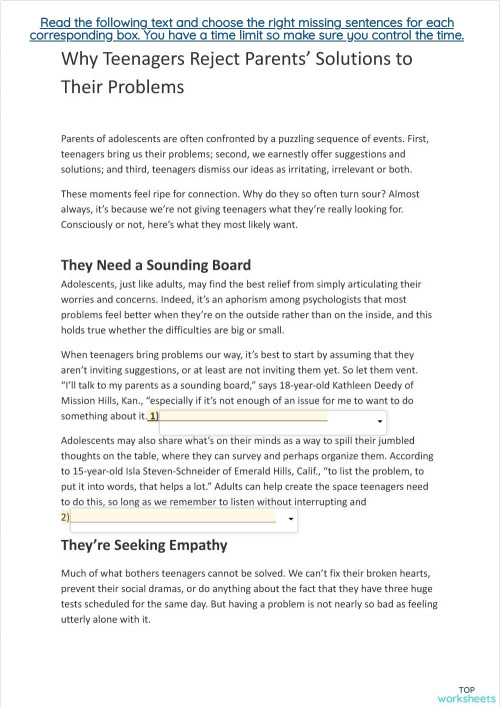 COMTE -WHY TEENAGERS REJECT PARENTS' SOLUTIONS. Interactive worksheet ...