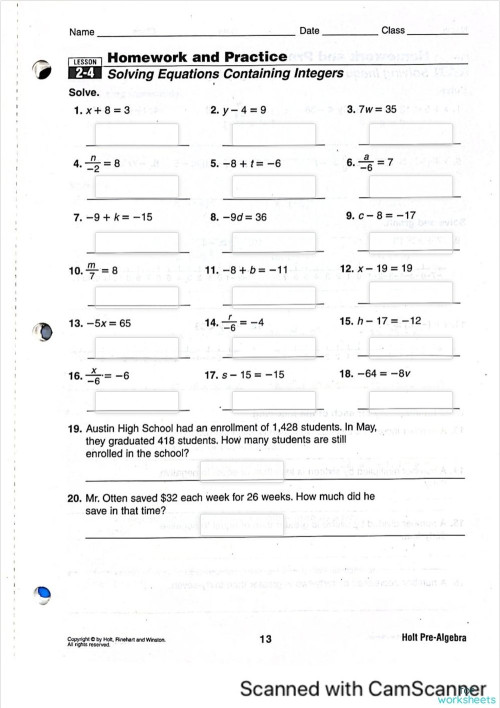 Lesson 2.4 Solving Equation Containing Integers (8th) (Copied ...