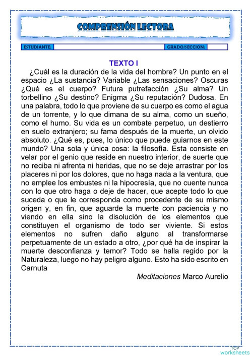 COMPRENSIÓN LECTORA. Ficha interactiva | TopWorksheets