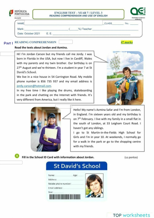 7th Grade - Test 1. Interactive worksheet | TopWorksheets