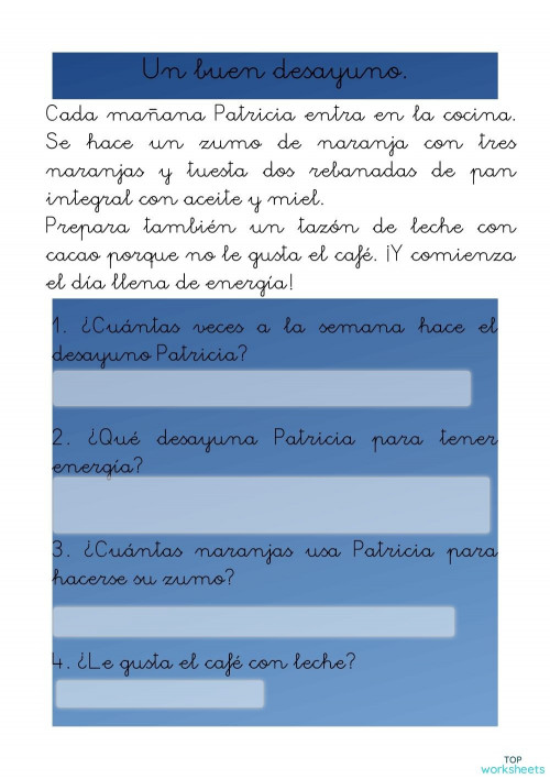 Un buen desayuno. Comprensión lectora.. Ficha interactiva | TopWorksheets