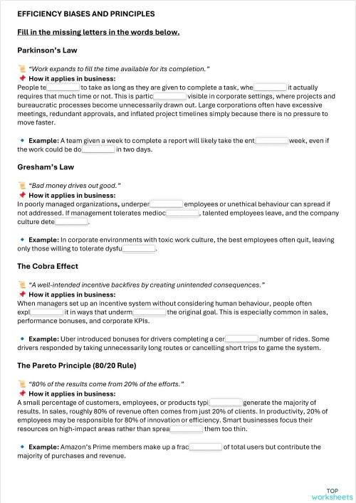 efficiency biases and principles. Interactive worksheet | TopWorksheets