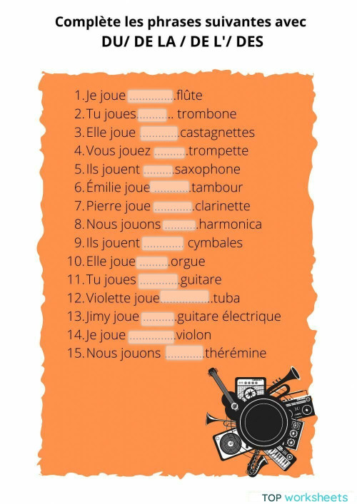 Prépositions instruments de musique. Fiche interactive | TopWorksheets