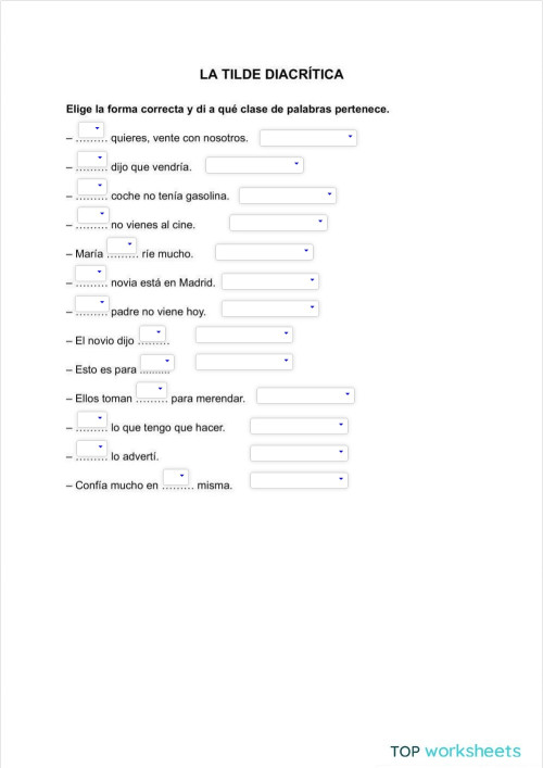 La tilde diacrítica. Ficha interactiva | TopWorksheets