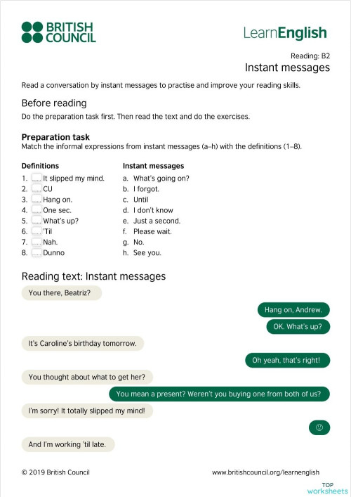 English B1-B2 BC - Instant Messages. Interactive worksheet | TopWorksheets