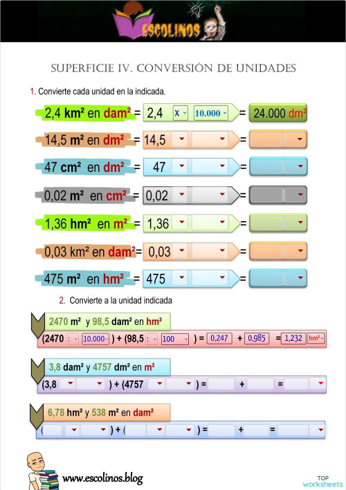 Superficie IV. Conversión de unidades de Superficie. Ficha interactiva ...