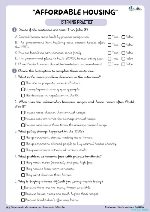Listening "Affordable housing". Interactive worksheet | TopWorksheets