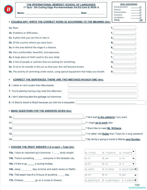 1 quiz 5th cutting edge pre-intermediate. Interactive worksheet ...