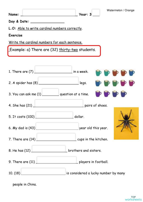 Cardinal numbers (W/O). Interactive worksheet | TopWorksheets