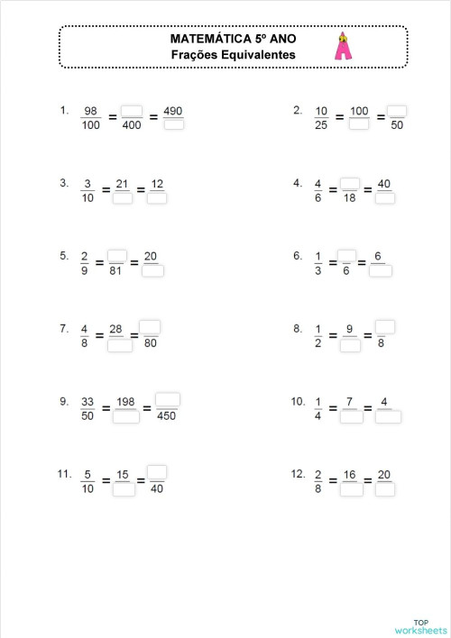 Frações Equivalentes: fichas interativas e exercícios online ...