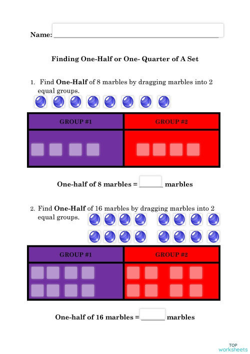 Finding One-Half or One-Quarter of A Set. Interactive worksheet ...