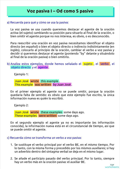 Pasiva: fichas interactivas y ejercicios online | TopWorksheets