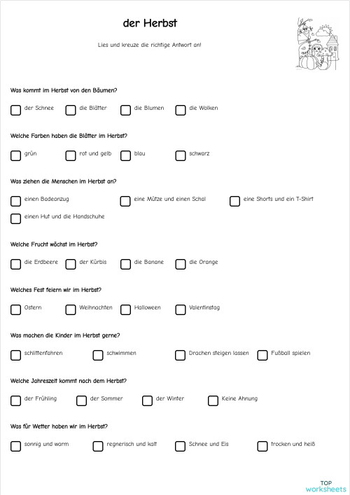 der Herbst. Interaktives Arbeitsblatt | TopWorksheets