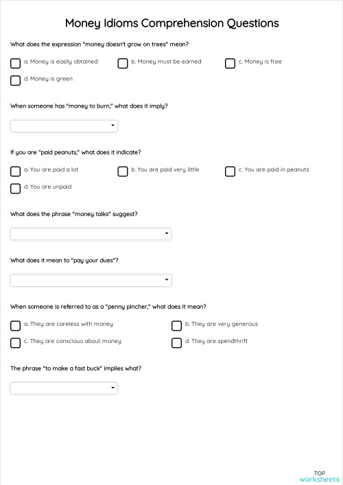 Money Idioms Comprehension Questions. Interactive worksheet | TopWorksheets