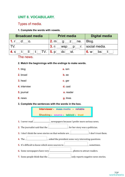 UNIT 8. VOCABULARY.. Ficha interactiva | TopWorksheets