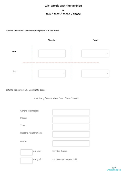 Wh- words with the verb be & this / that / these / those. Interactive ...