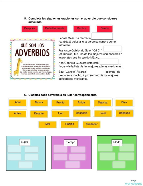 CLASES DE ADVERBIOS. Ficha interactiva | TopWorksheets