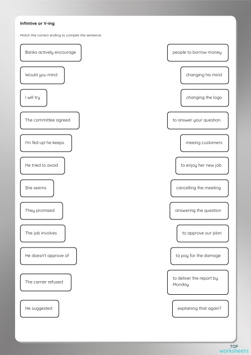 Infinitive or V-ing. Interactive worksheet | TopWorksheets