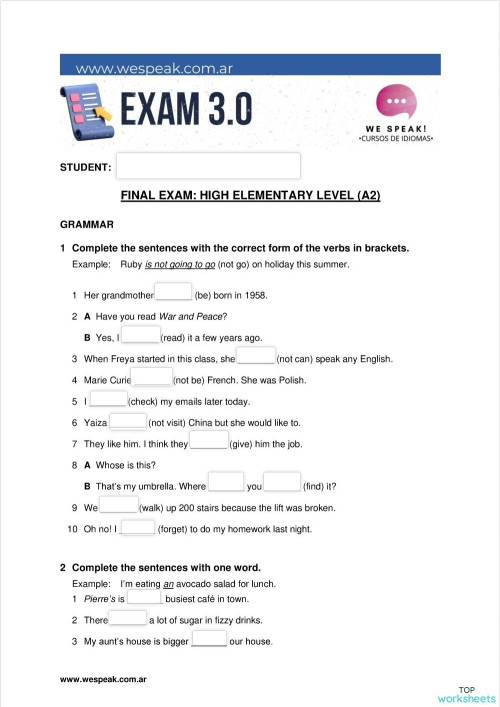 Final exam High Elementary (units 7-10). Interactive worksheet ...