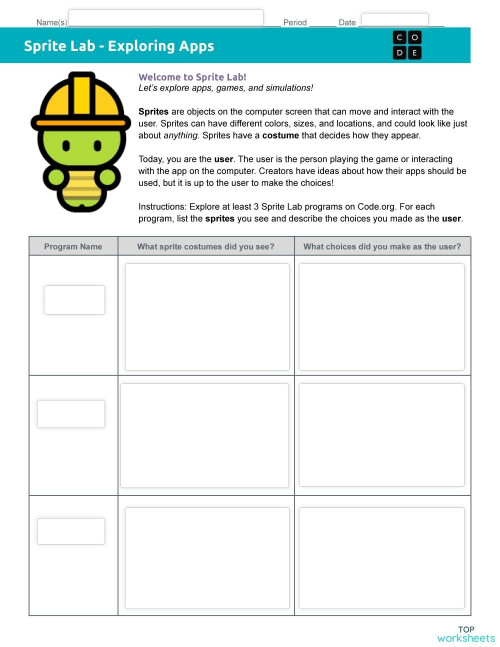 Sprite Lab - Exploring Apps (Copied). Interactive worksheet | TopWorksheets