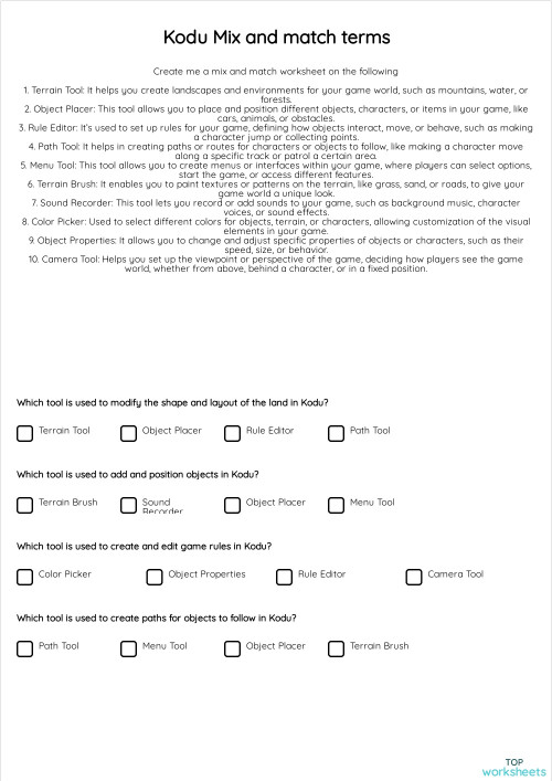 Kodu Mix and match terms. Interactive worksheet | TopWorksheets