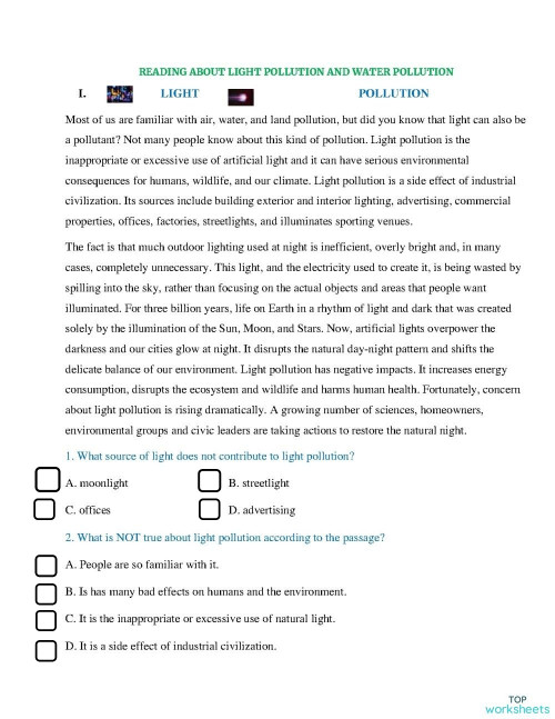 Grade 8 - Reading about Light & Water pollution. Interactive worksheet ...