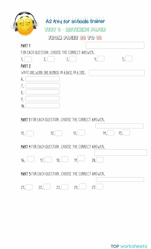 Answer sheet Listening Test 3 A2 Key for schools Trainer. Interactive ...