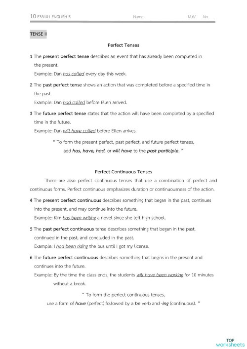 Tense II: Perfect&Perfect Continuous Tenses. Interactive worksheet ...