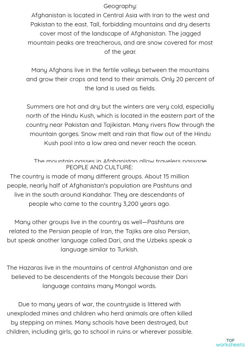 Afghanistan Reading Comp. Interactive worksheet | TopWorksheets