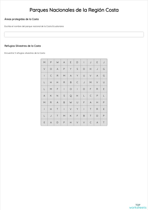 Parques Nacionales de la Región Costa. Ficha interactiva | TopWorksheets