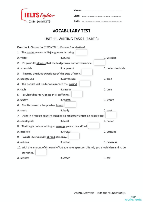 PREF_VOCAB TEST 11. Interactive worksheet | TopWorksheets