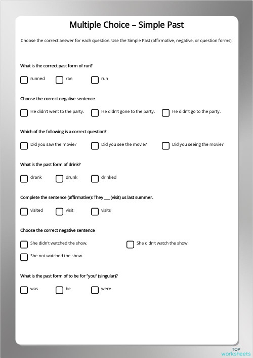 Multiple Choice – Simple Past. Interactive worksheet | TopWorksheets