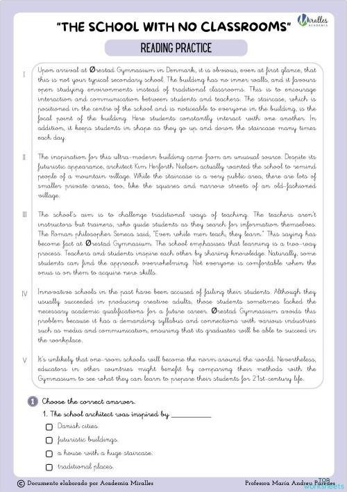 Reading "The school with no classrooms". Interactive worksheet ...