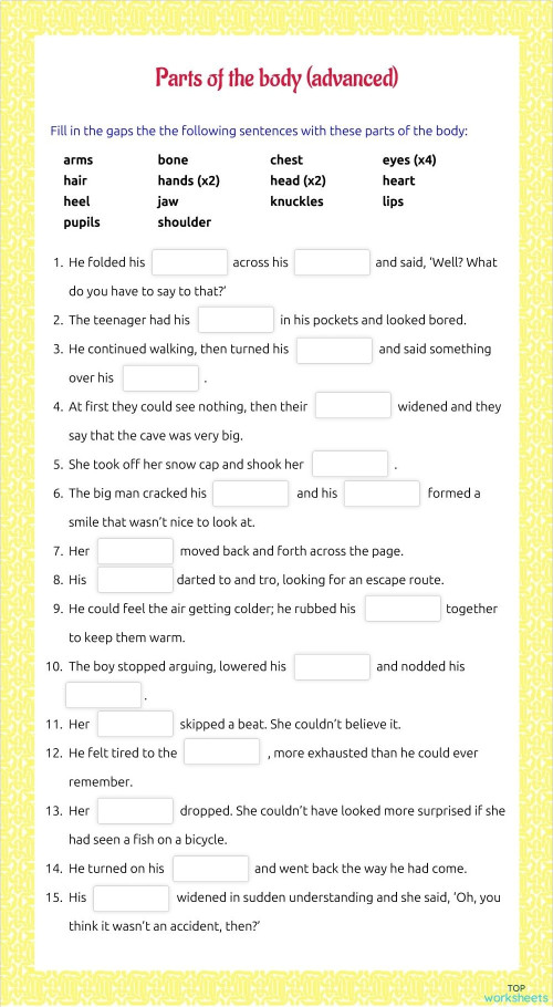 Body parts (advanced). Interactive worksheet | TopWorksheets