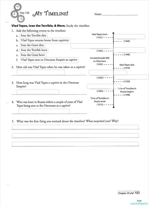 Chapter 20: Pg 193 My Timeline. Interactive worksheet | TopWorksheets