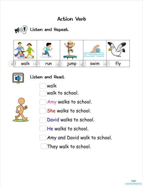 Action verbs listen and read. Interactive worksheet | TopWorksheets