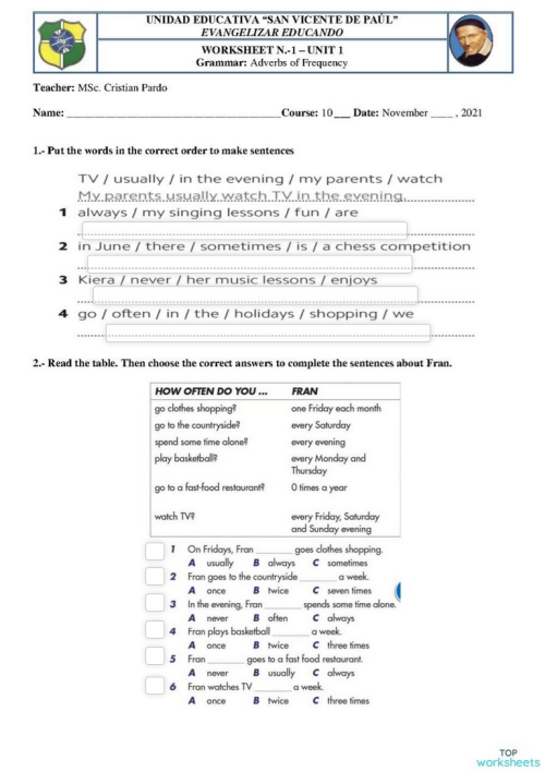10-A: Unit 1 - Adverbs of Frequency. Interactive worksheet | TopWorksheets