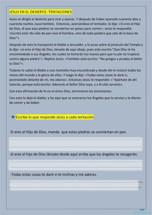 JESUS EN EL DESIERTO:TENTACIONES. Ficha interactiva | TopWorksheets