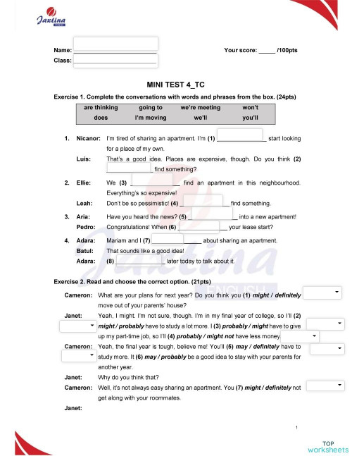 Mini Test 4 (TC). Interactive worksheet | TopWorksheets