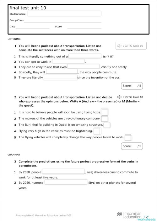 UNIT 10 TEST LEVEL 14. Interactive worksheet | TopWorksheets
