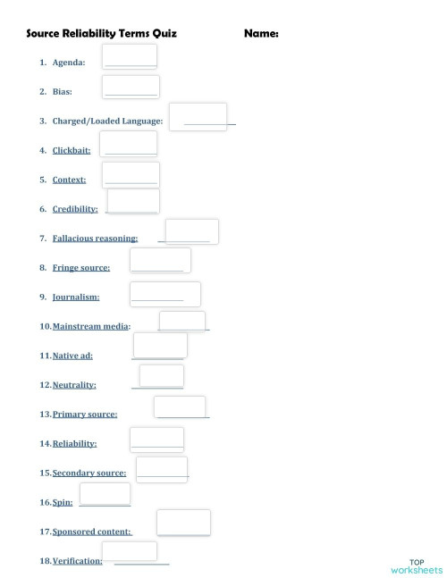 Reliability Terms Quiz. Interactive worksheet | TopWorksheets