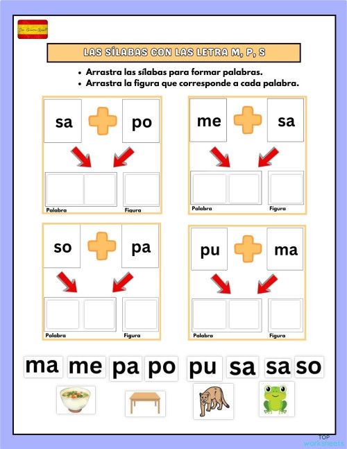 Forma palabras con las sílabas m, p, s. Ficha interactiva | TopWorksheets
