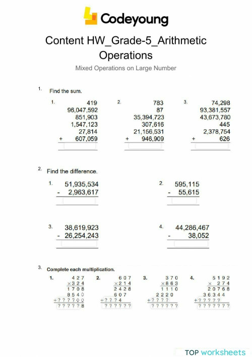 Content-HW-Mixed Operations on Large Number. Interactive worksheet ...