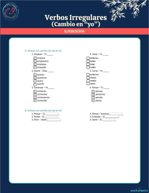 Verbos Irregulares (Cambio de e - ie) Ejercicio 1. Ficha interactiva ...