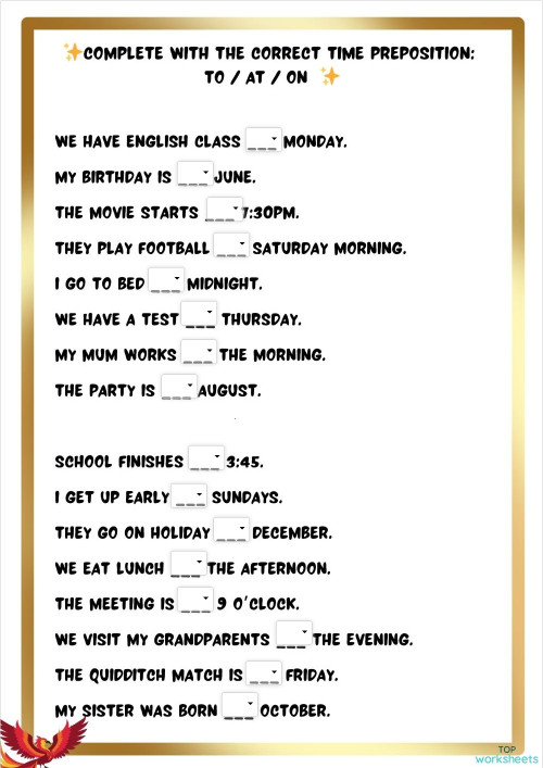 prepositions time HP. Interactive worksheet | TopWorksheets