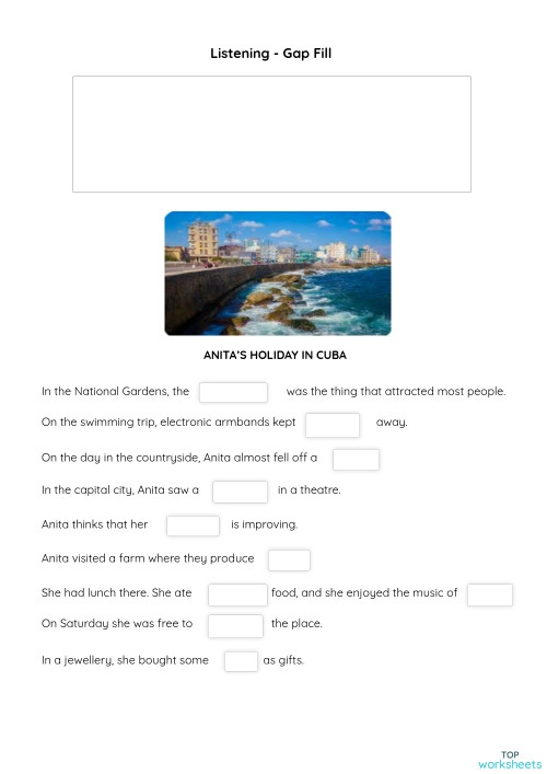 Listening - Gap fill - Anita's holiday in Cuba. Interactive worksheet ...