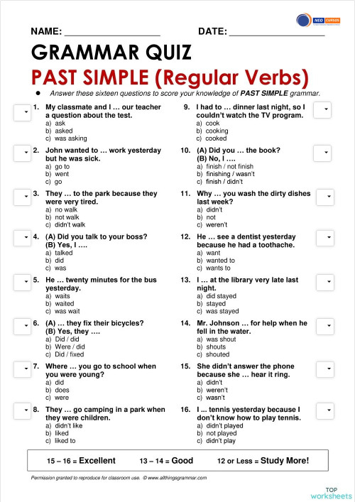 NEO - SIMPLE PAST - REGULAR VERBS. Interactive worksheet | TopWorksheets