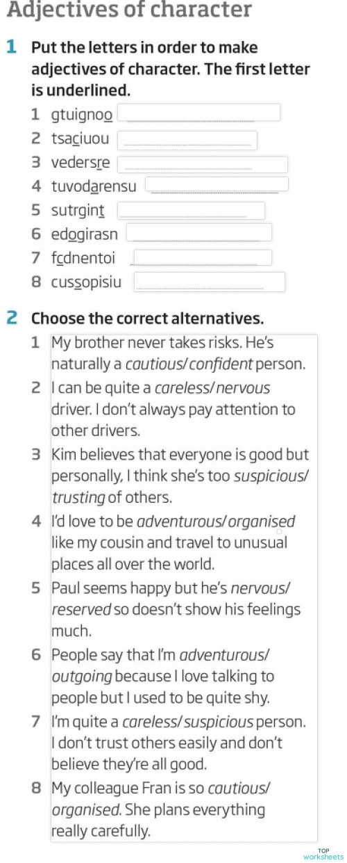 adjectives of character. Interactive worksheet | TopWorksheets