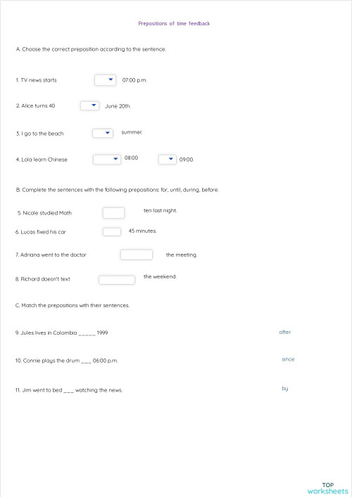 Prepositions of time. Interactive worksheet | TopWorksheets