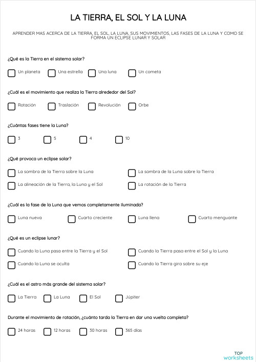 LA TIERRA, EL SOL Y LA LUNA. Ficha interactiva | TopWorksheets